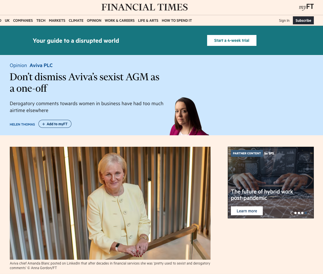 FT, 13 May 2022, Don’t dismiss Aviva’s sexist AGM as a one-off - ShareSoc